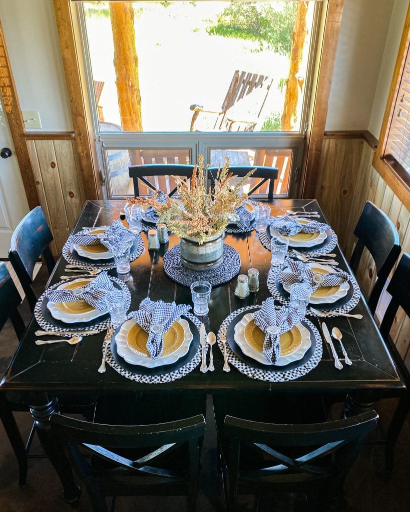 Cabin Tablescape | Black, Yellow, and White Table Decor