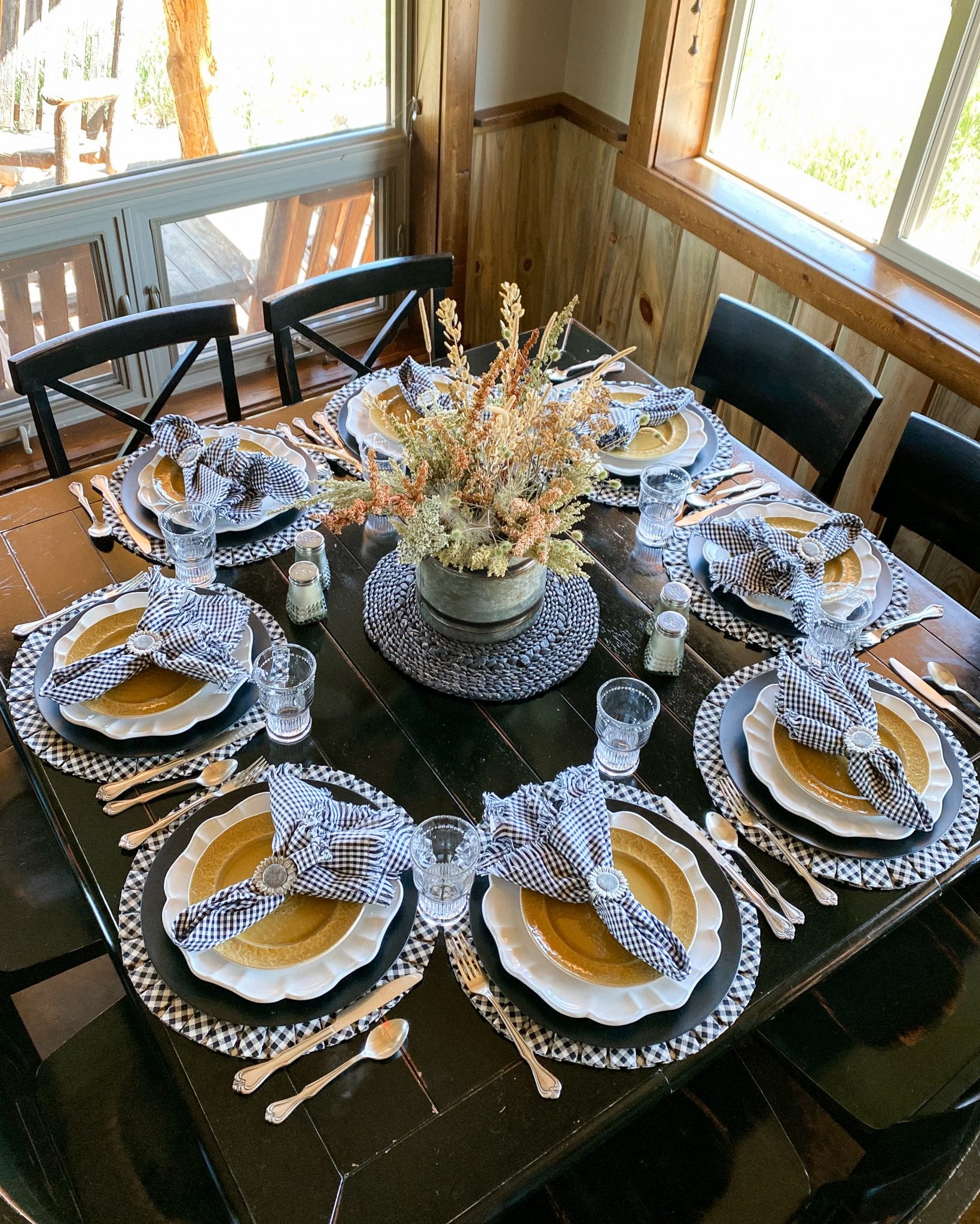 Cabin Tablescape | Black, Yellow, and White Table Decor