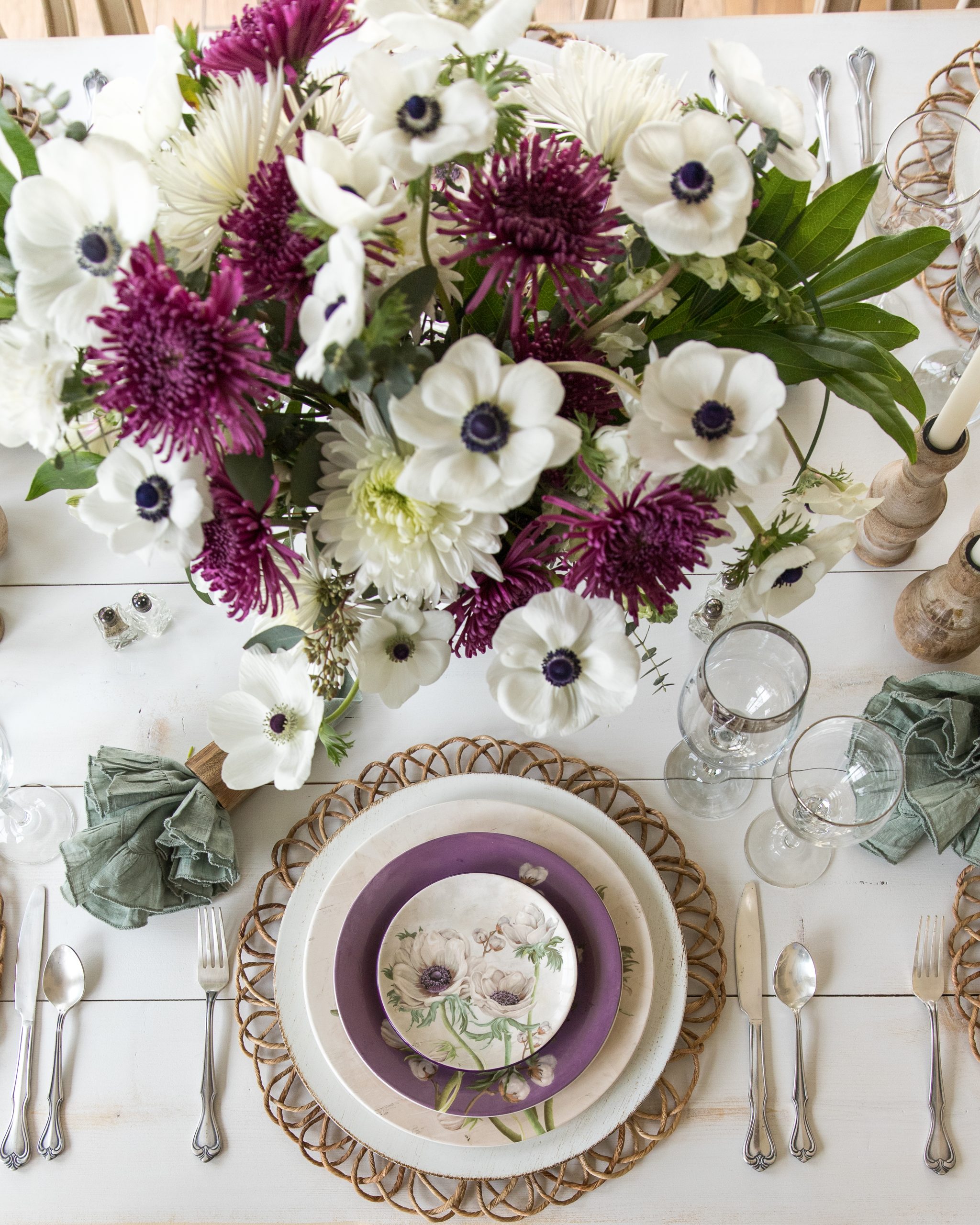 Purple and White Summer Tablescape with Anemone Flowers - Home With Holly J